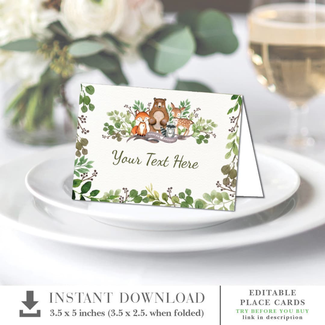 EDITABLE Woodland Place Cards. Greenery Forest Food Tent Labels. Baby ...