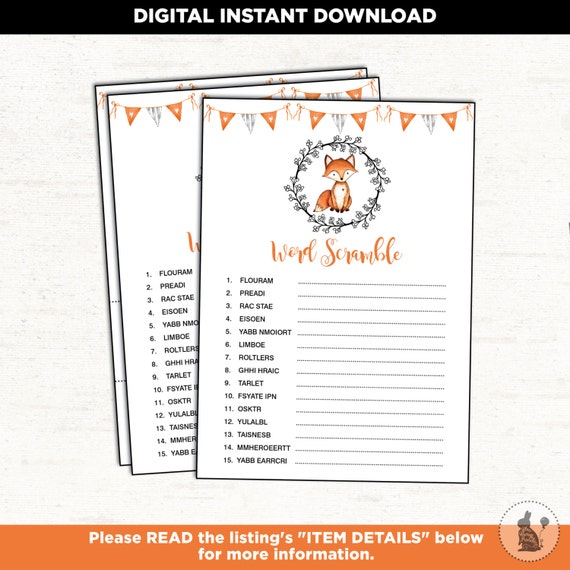 WORD SCRAMBLE. Fox Baby Shower PRINTABLE Game. Woodland Baby Game ...