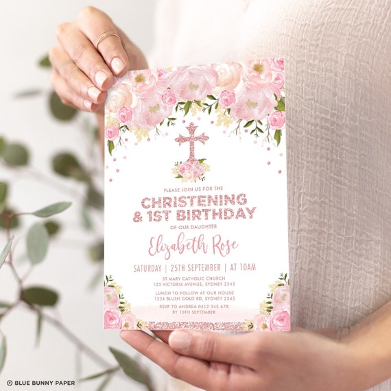 Christening Invitation Girl 1st Birthday Invite Rose Gold Glitter 