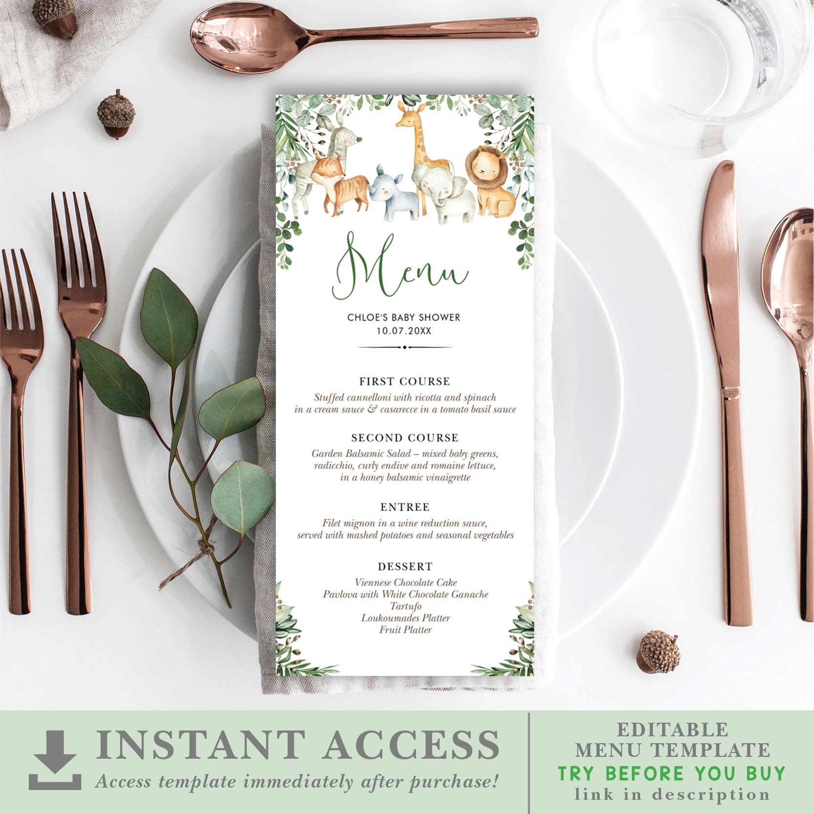 EDITABLE Jungle Safari Menu Template. Greenery Wild Animals Printable ...