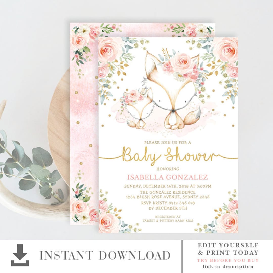 EDITABLE Girl Fox Baby Shower Invitation. Pink Blush Floral Woodland ...