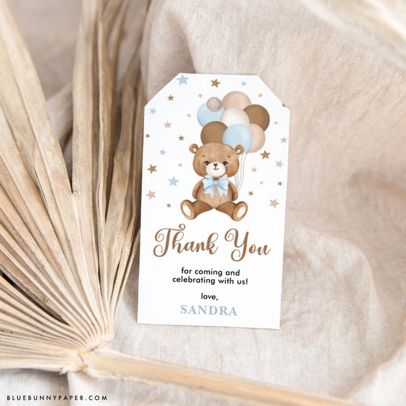Teddy Bear Favor Tag We Can Bearly Wait Blue Brown Balloon Baby Shower ...