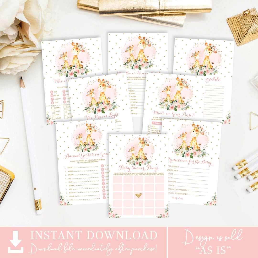 Pretty Giraffe Games Package. Blush Pink Gold Floral Jungle Safari Baby ...