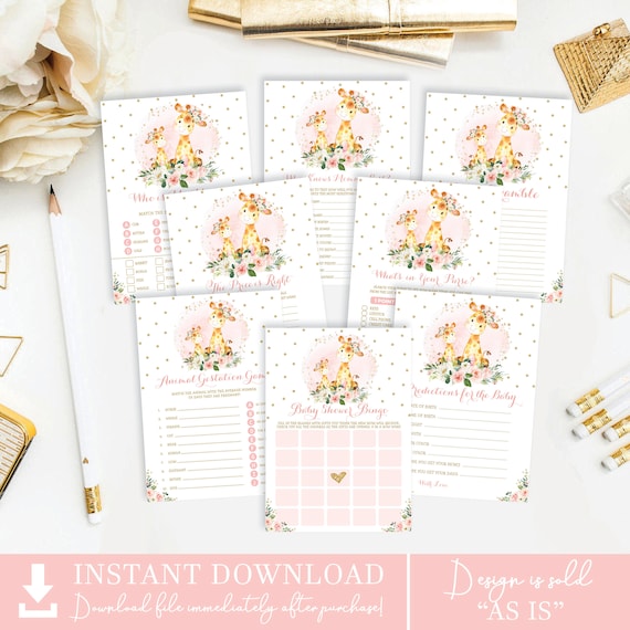 Pretty Giraffe Games Package. Blush Pink Gold Floral Jungle Safari Baby ...
