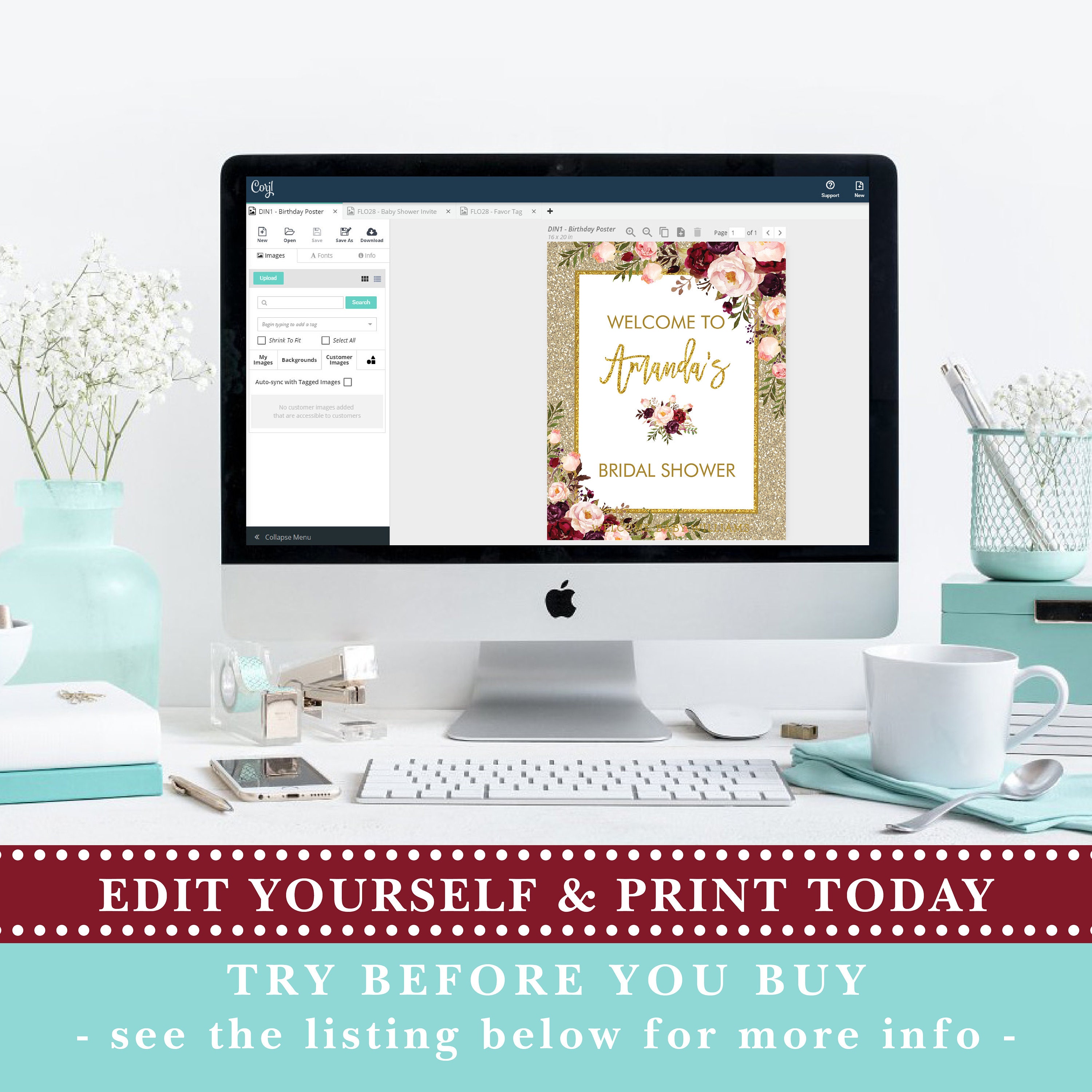 Glam Bridal Shower Welcome Sign. Blush Burgundy Gold Glitter | Etsy