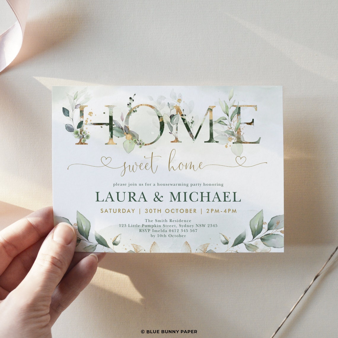 Housewarming Invitation Greenery Gold Home Sweet Home Invite - Etsy