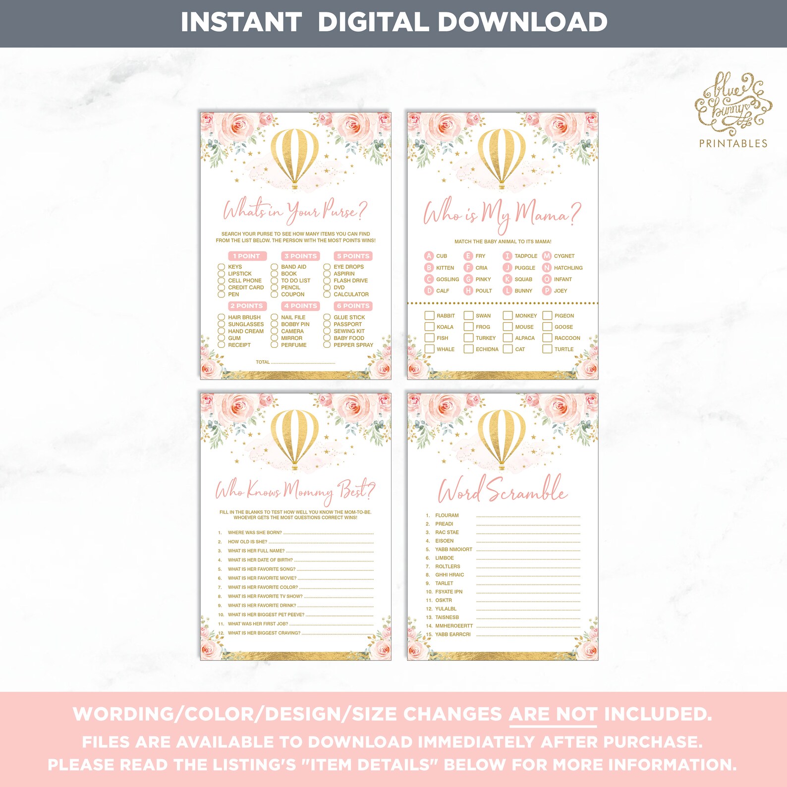 Hot Air Balloon Baby Shower GAMES PACKAGE. 8x Pink and Gold - Etsy