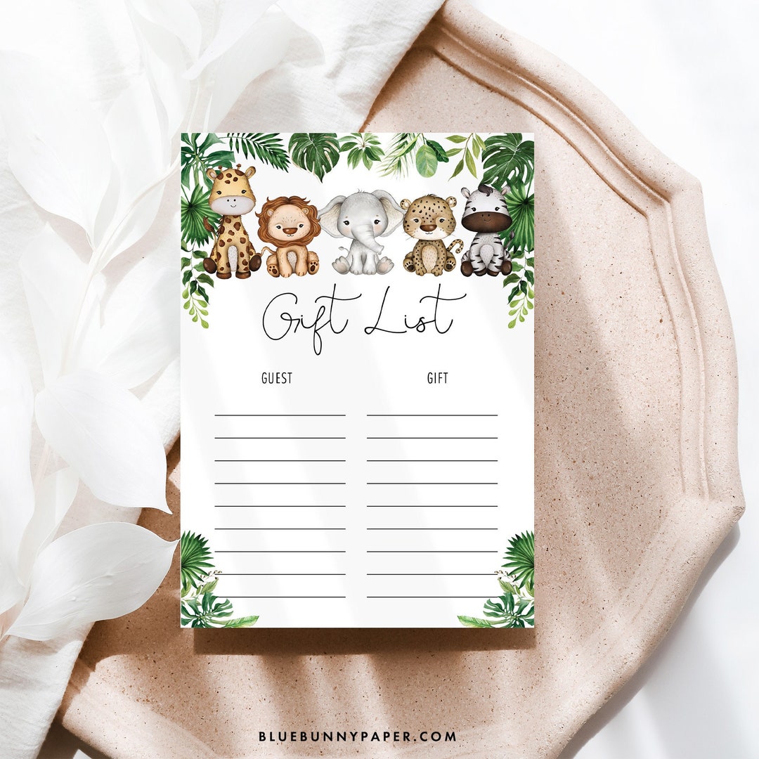 Jungle Safari Gift List Printable Card Greenery Wild Animals Baby ...