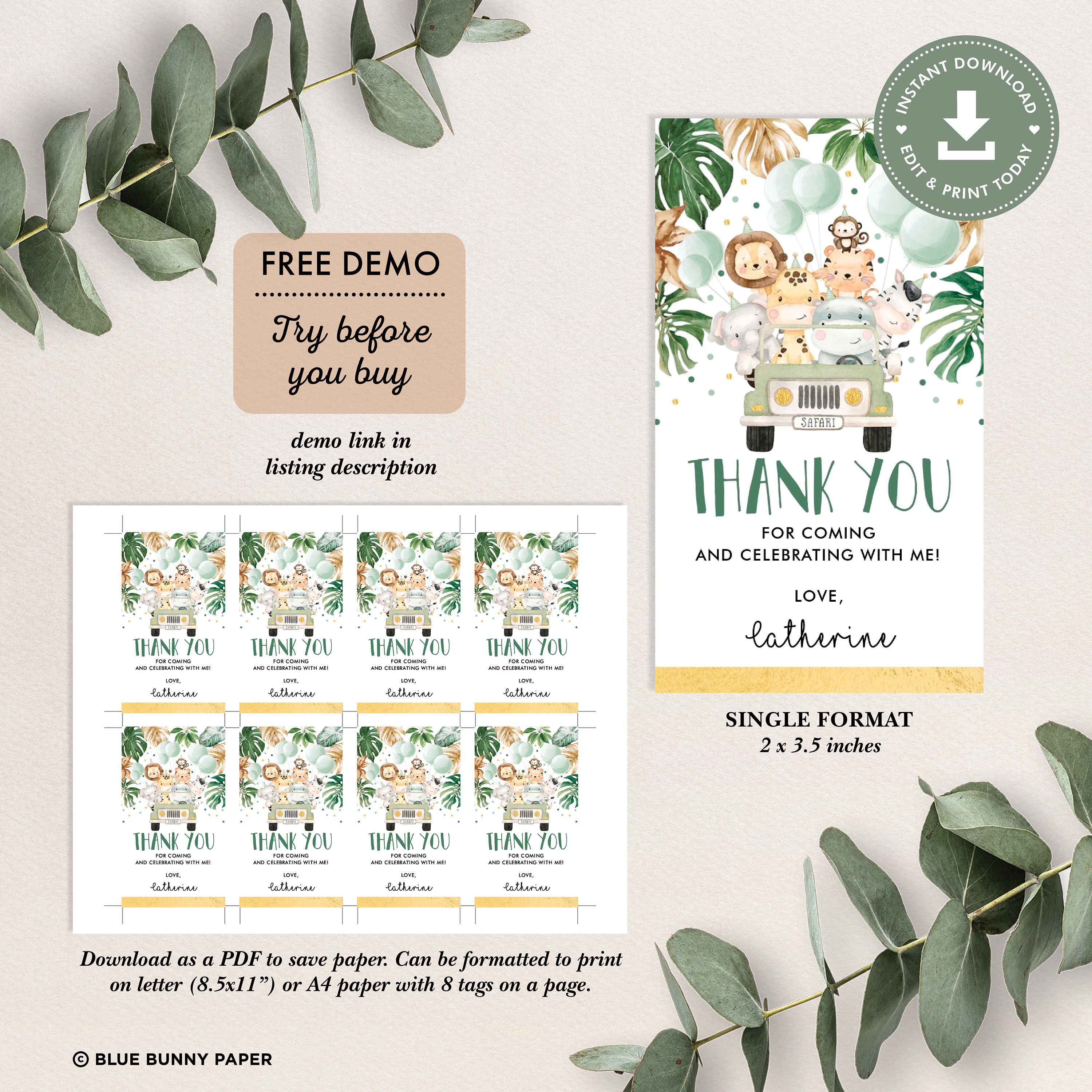 Editable Safari Favor Tag Template. Tropical Greenery Jungle Animals ...