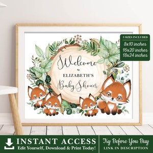 Editable Fox Welcome Sign Template Forest Greenery Baby Shower ...