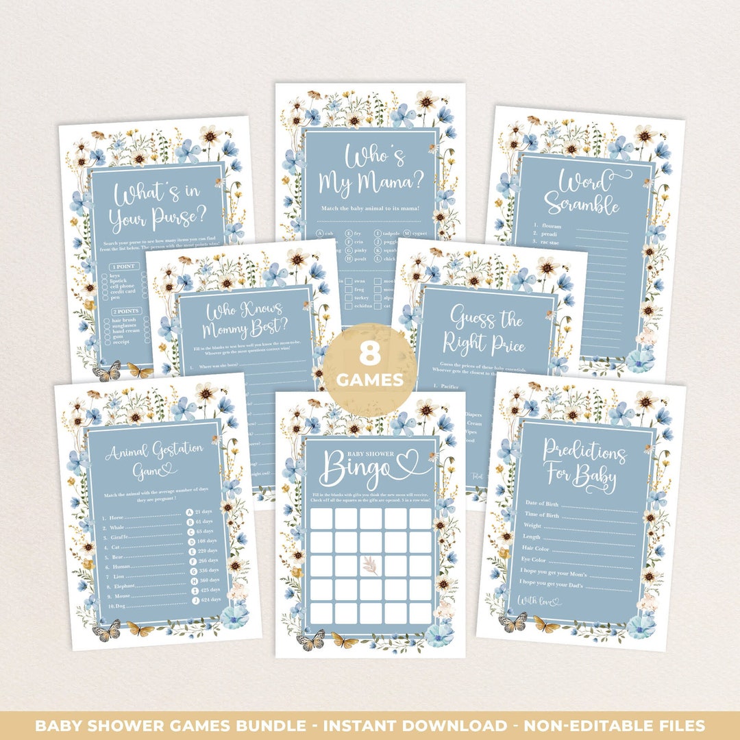 Wildflower Boy Baby Shower Games Printable Boho Dusty Blue Floral ...