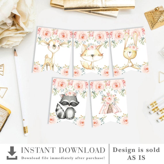 Blush Floral Woodland Animals Printable Banner. Boho Floral Teepee 1st ...