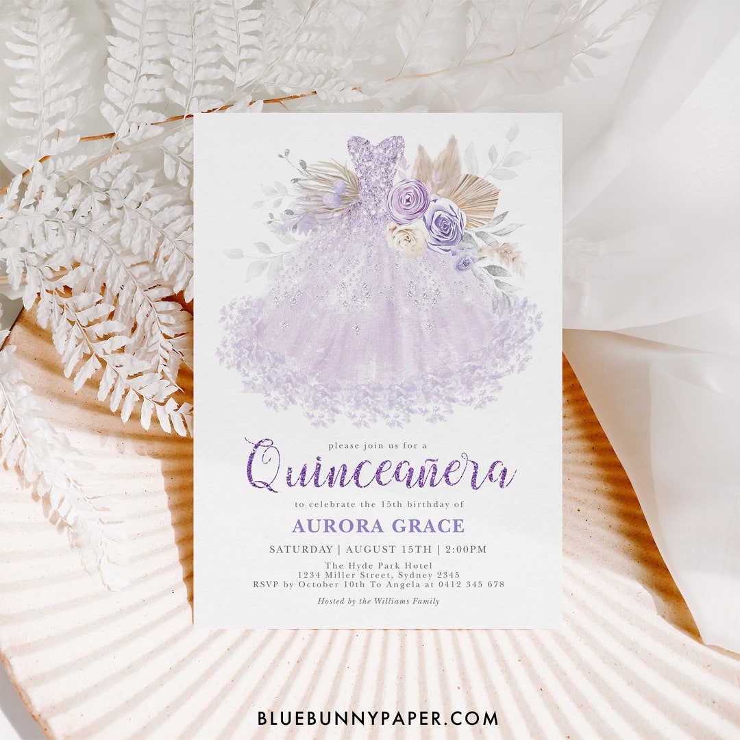 Princess Quinceañera Dress Invitation Boho Purple Mis Quince Anos 15th ...