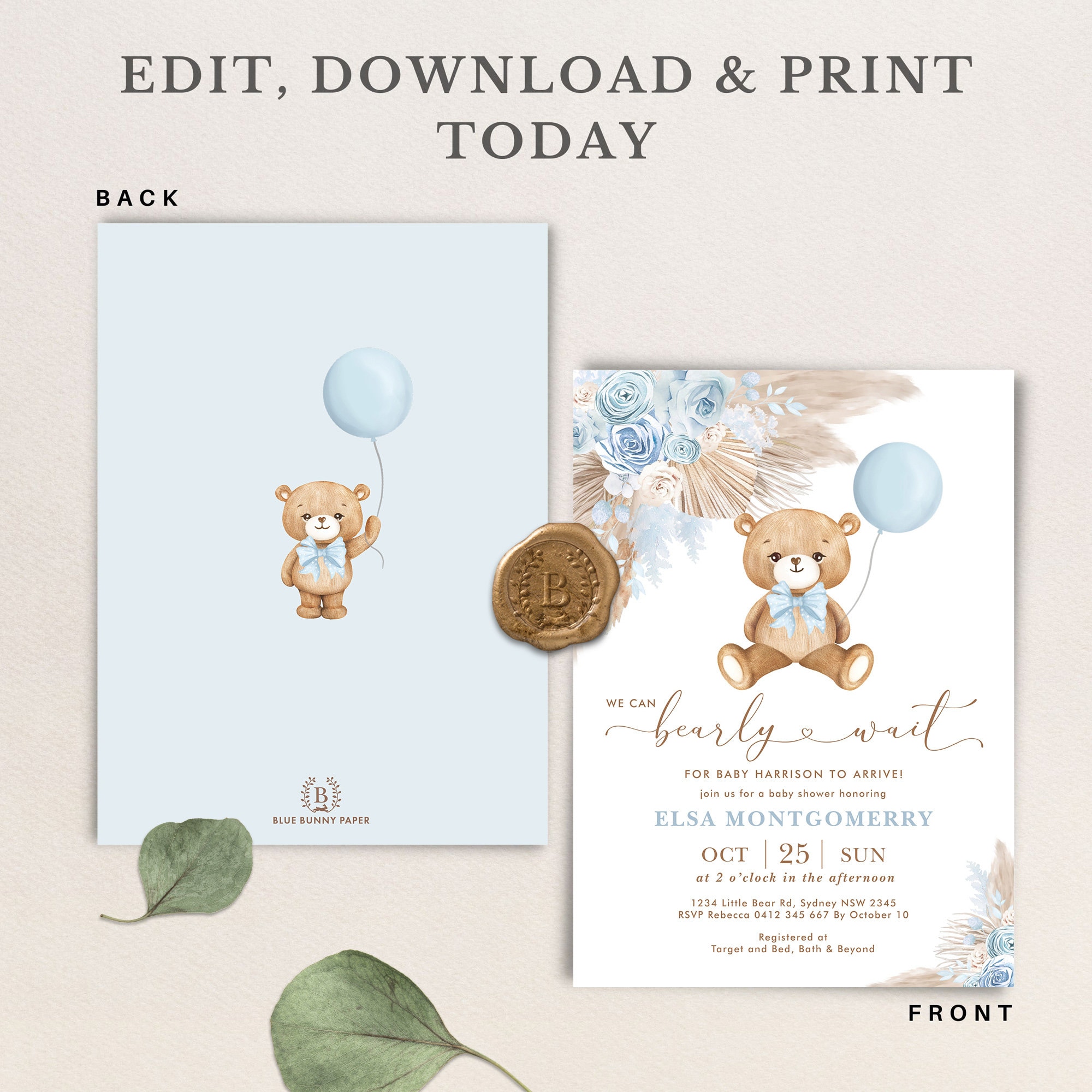 Editable Boho Bear Baby Shower Invitation Template, Blue Pampas Teddy ...