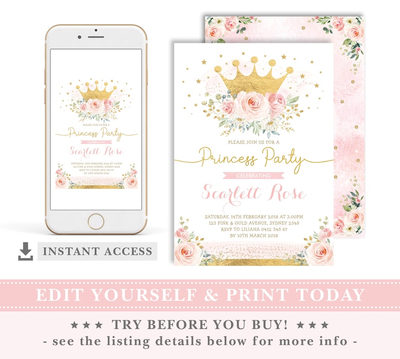 Royal Princess Crown Birthday EDITABLE INVITATION. Blush Pink Gold ...