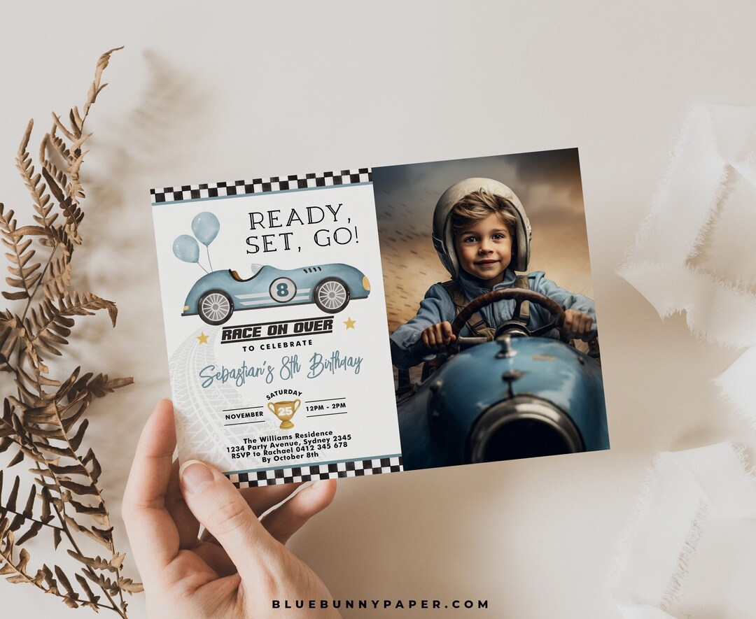 Editable Vintage Race Car Birthday Invitation Two Fast Racing Car Photo ...