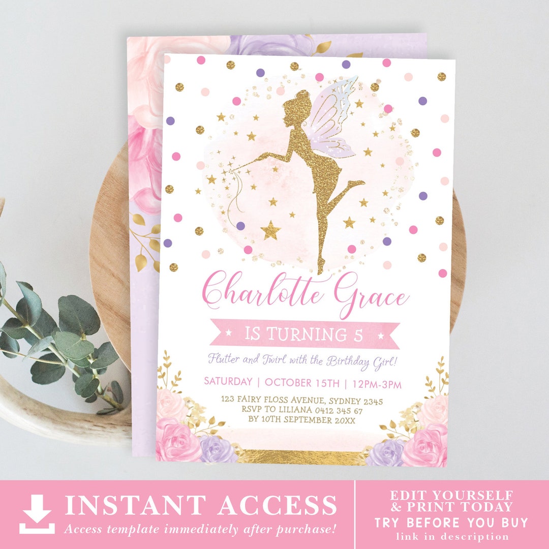 EDITABLE Fairy Birthday Invitation Template. Pink Blush Purple Gold ...