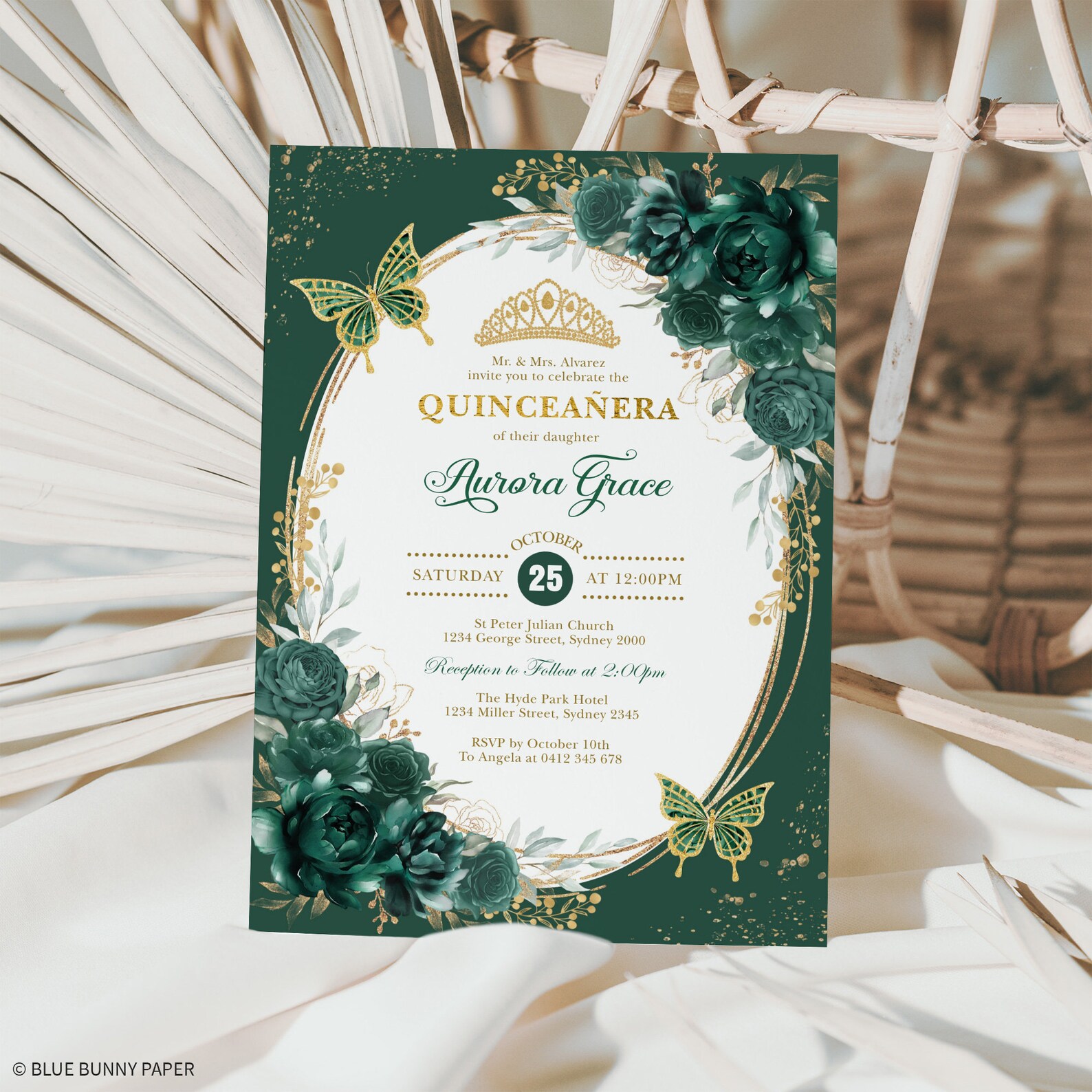 Emerald Green Roses Quinceañera Invitation Crown Princess Mis - Etsy