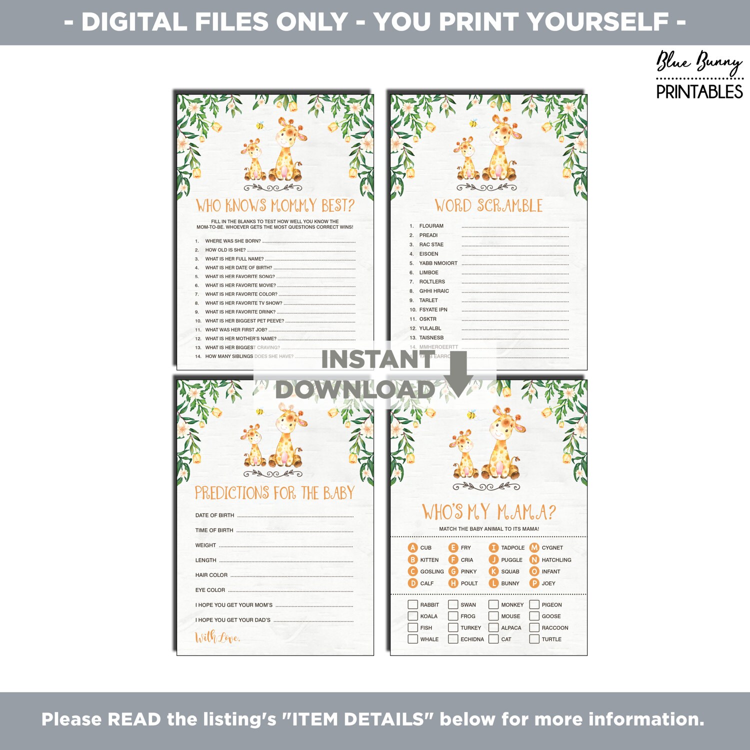 GIRAFFE Baby Shower GAMES PACKAGE. 8x Yellow Floral Baby | Etsy