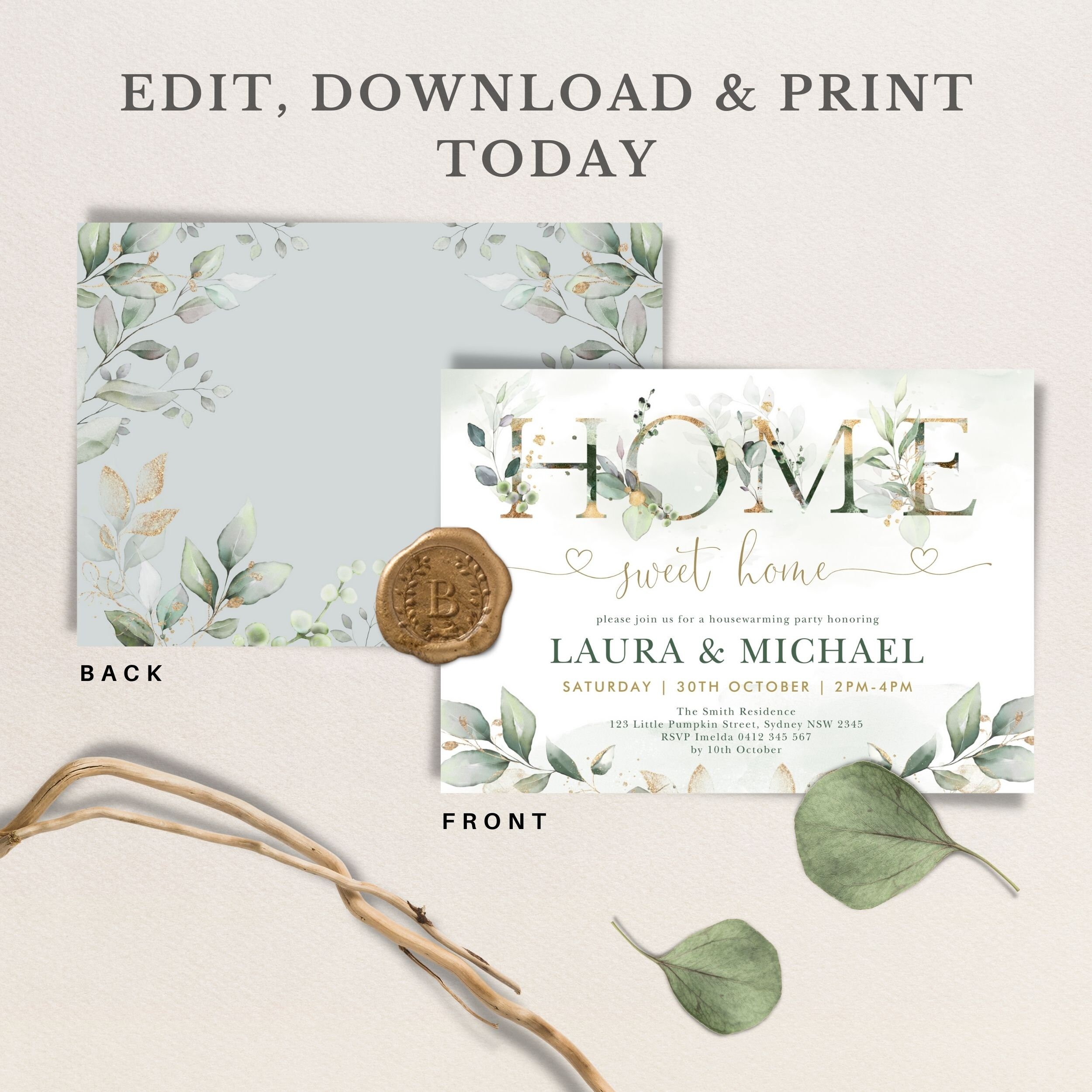 Housewarming Invitation Greenery Gold Home Sweet Home Invite - Etsy