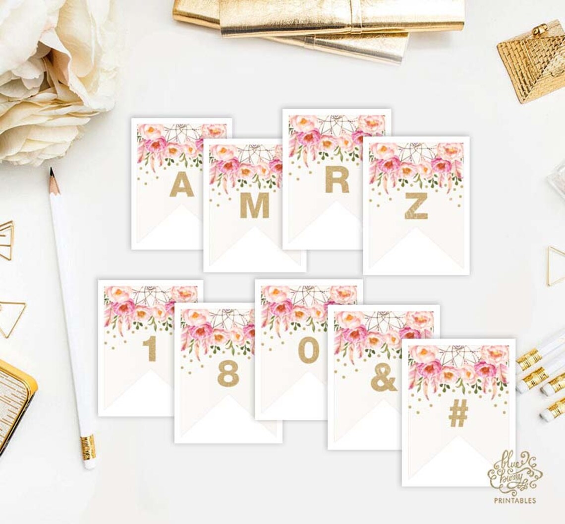 Pink Floral Birthday Printable Banner. Pink Gold Boho Party | Etsy