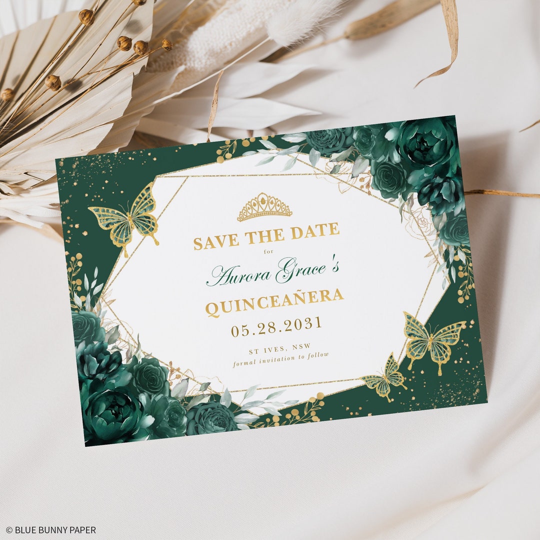 Emerald Green Quinceañera Save the Date Editable Template Floral ...