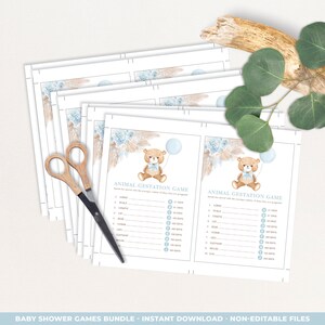Teddy Bear Baby Shower Games Bundle, Dusty Blue Boho Bear Printable ...