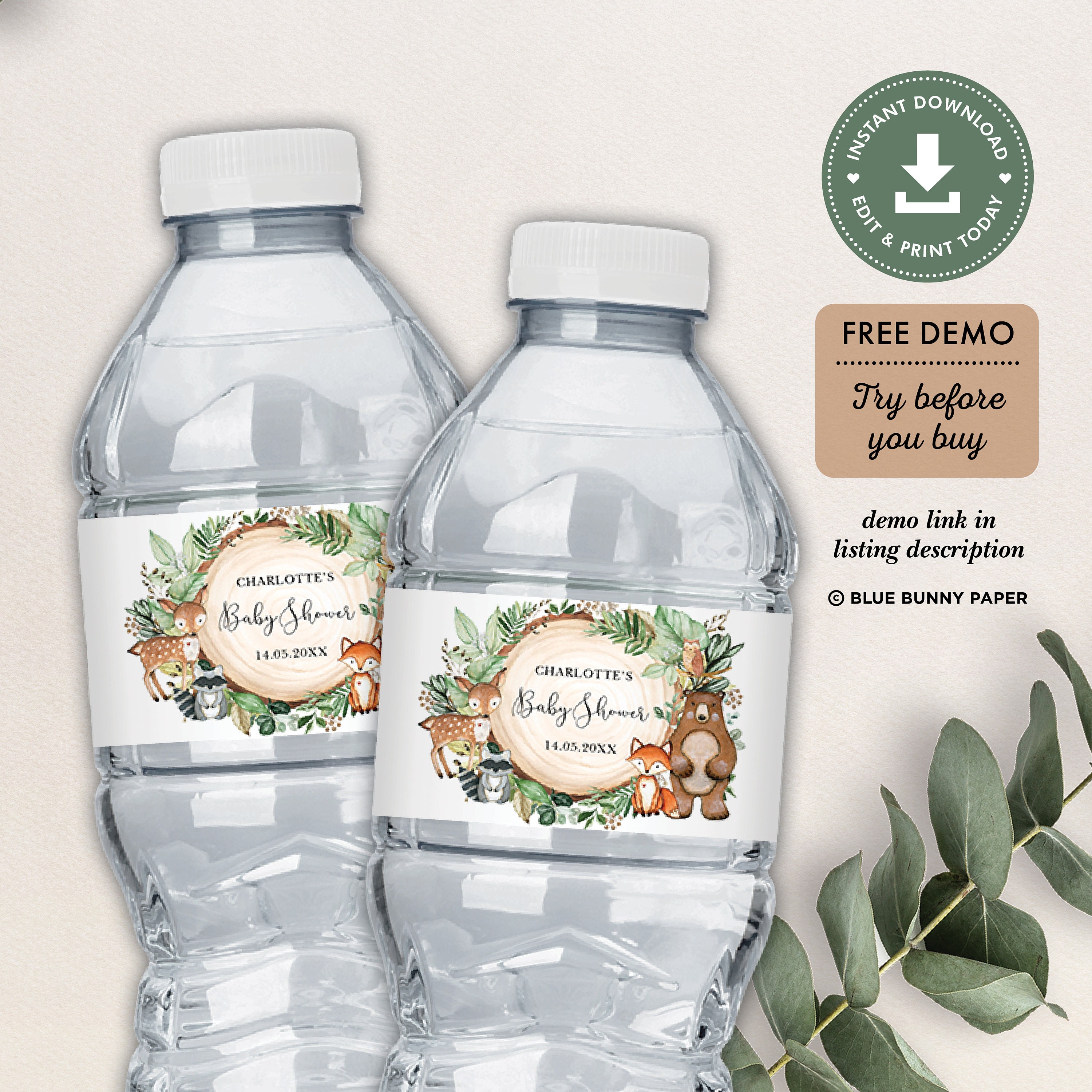 EDITABLE Woodland Water Bottle Labels. Greenery Forest Animals Baby ...