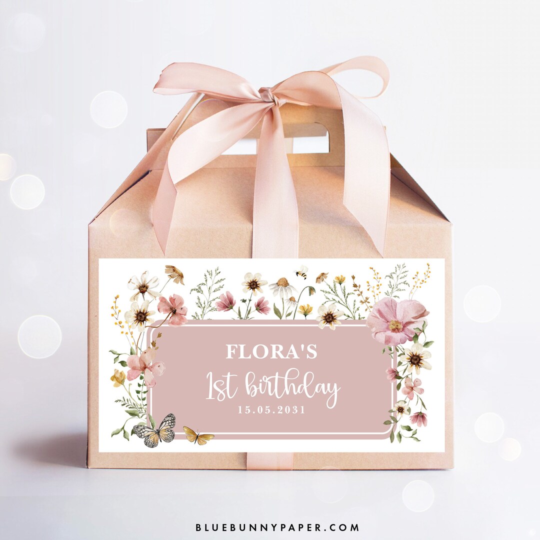 Editable Wildflower Birthday Party Favor, Boho Blush Pink Floral Gable ...