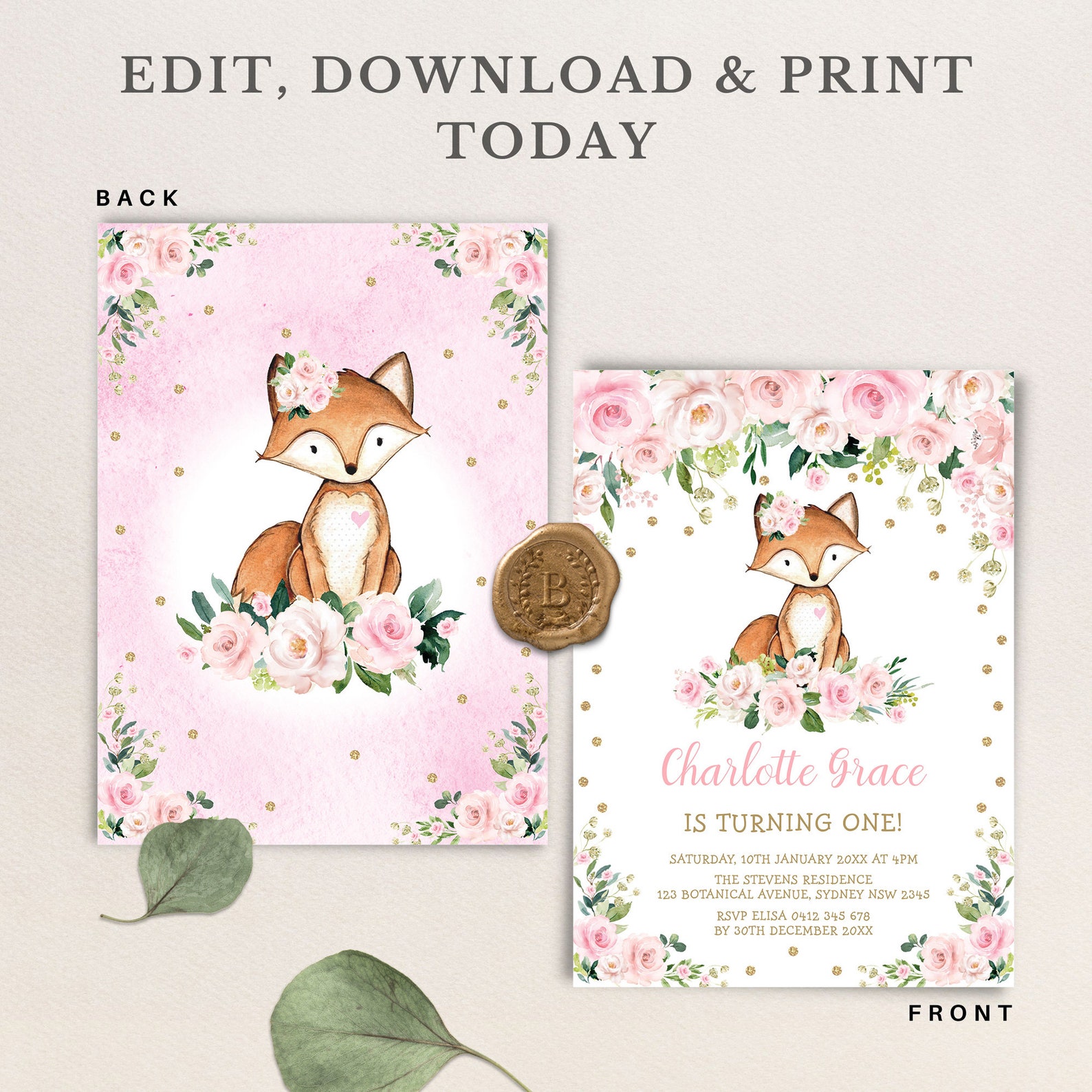 Pink Floral Fox Birthday Invitation, Girl Woodland Fox Party Invite ...