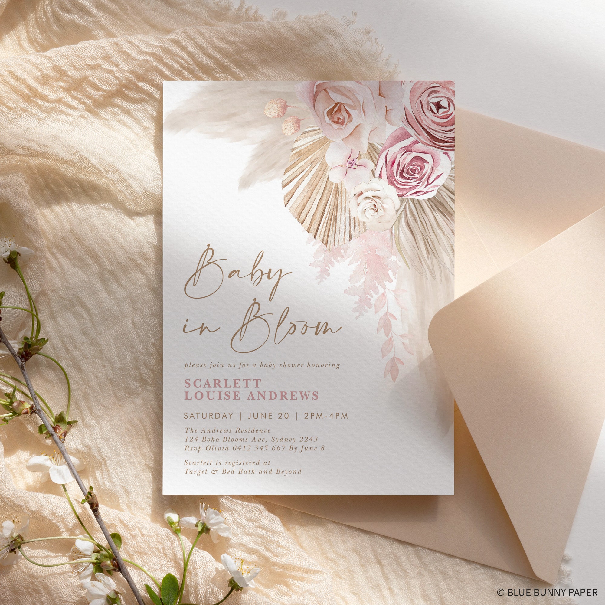 Boho Baby Shower Invitation, Blush Floral Pampas Grass Baby in Bloom ...