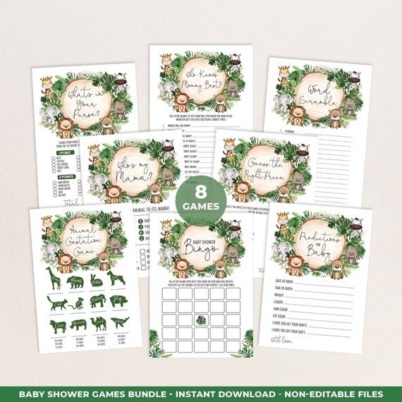 Tropical Safari Baby Shower Games Printable Greenery Jungle Party ...