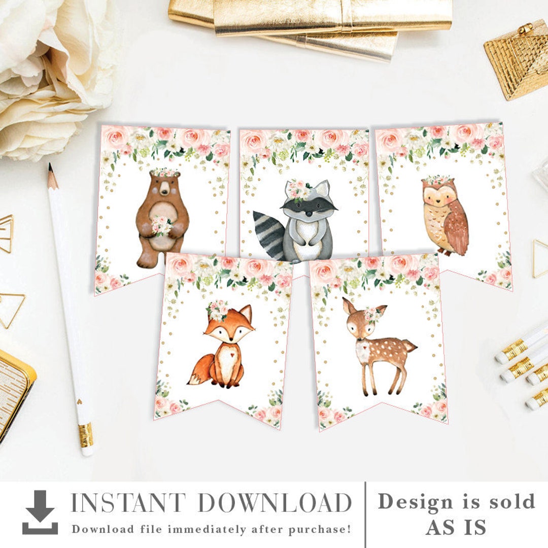 Girl Woodland Animals Printable Banner. Blush Gold Floral Birthday Baby ...