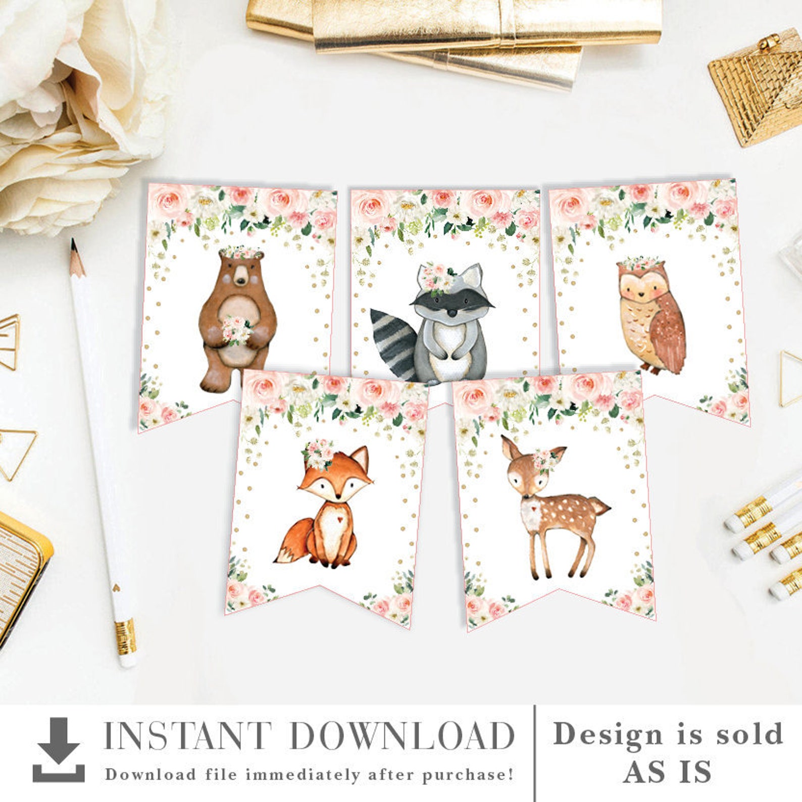 Girl Woodland Animals Printable Banner. Blush Gold Floral Birthday Baby ...