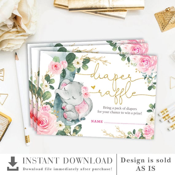 Floral Elephant Diaper Raffle Printable. Pink Gold Roses Jungle Baby ...