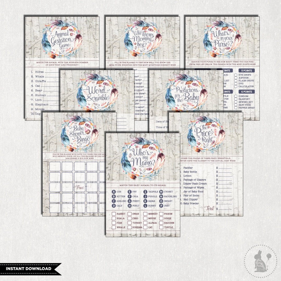 Bohemian GAMES PACKAGE. 8 Boho Baby Shower Printable Games. Feathers ...