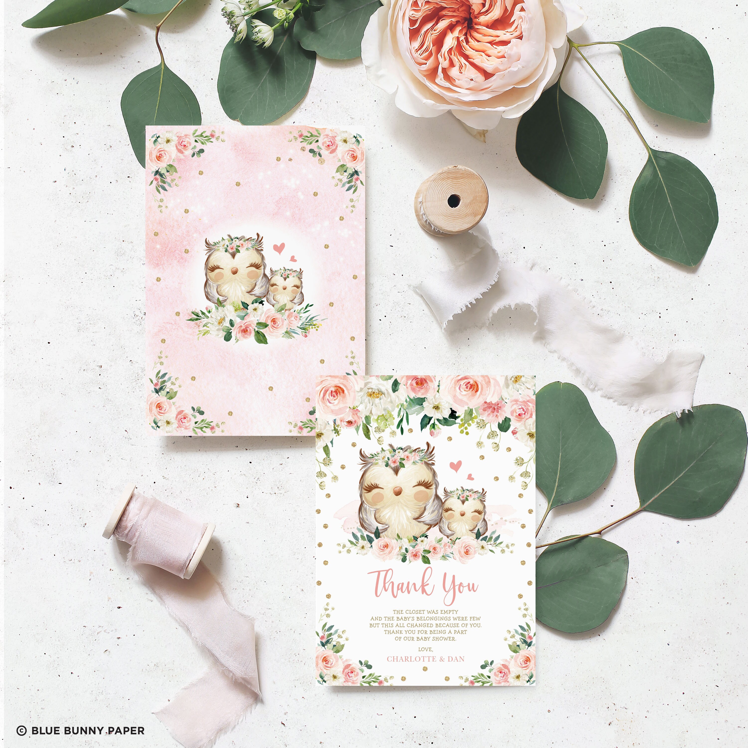 EDITABLE Owl Thank You Card. Blush Pink Floral Owl Baby Shower - Etsy
