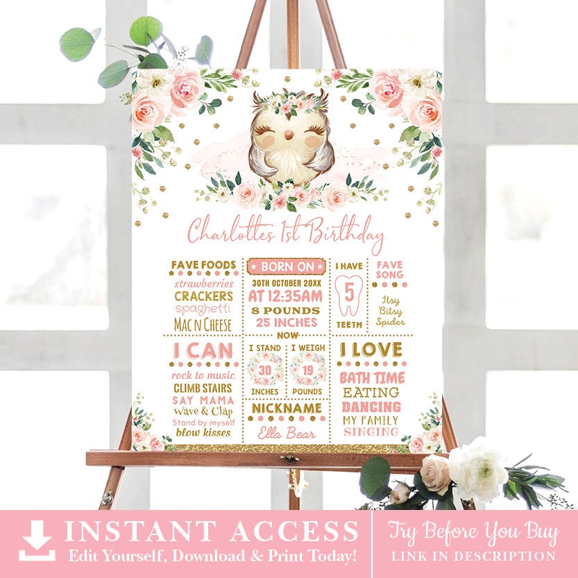 Girly Owl 1st Birthday Milestone Poster. Blush Floral Owl Chalkboard ...