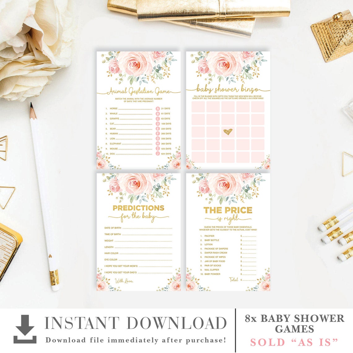 Blush Pink Floral Baby Shower Games Package. Soft Pastel Watercolor ...