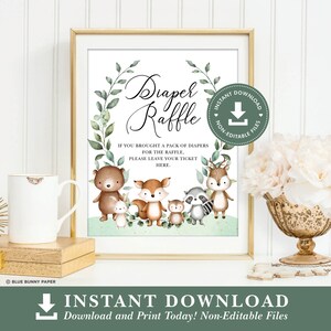 Modern Woodland Animals Diaper Raffle Sign Elegant Forest Greenery Baby ...