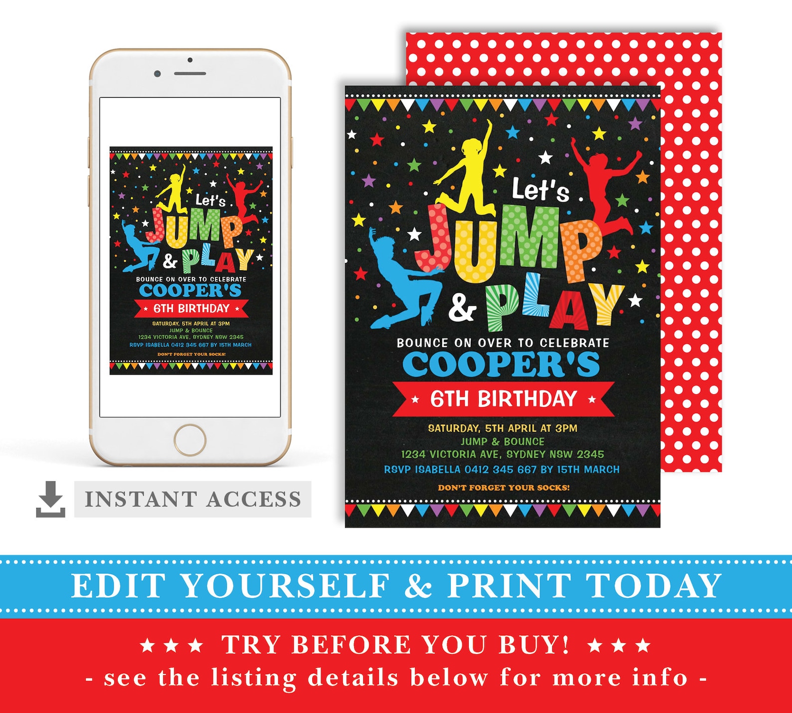 EDITABLE Jump Birthday Invitation. Bounce House Trampoline Party ...