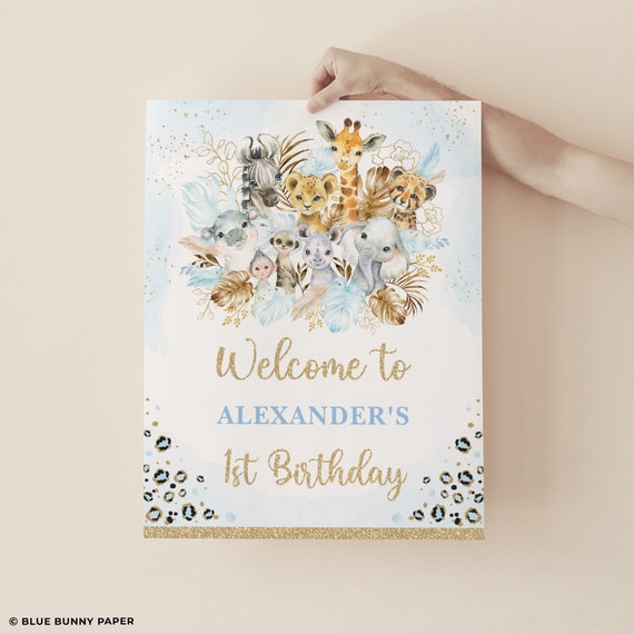 Tropical Safari Welcome Sign, Boho Blue Gold Jungle 1st Birthday, Boy ...