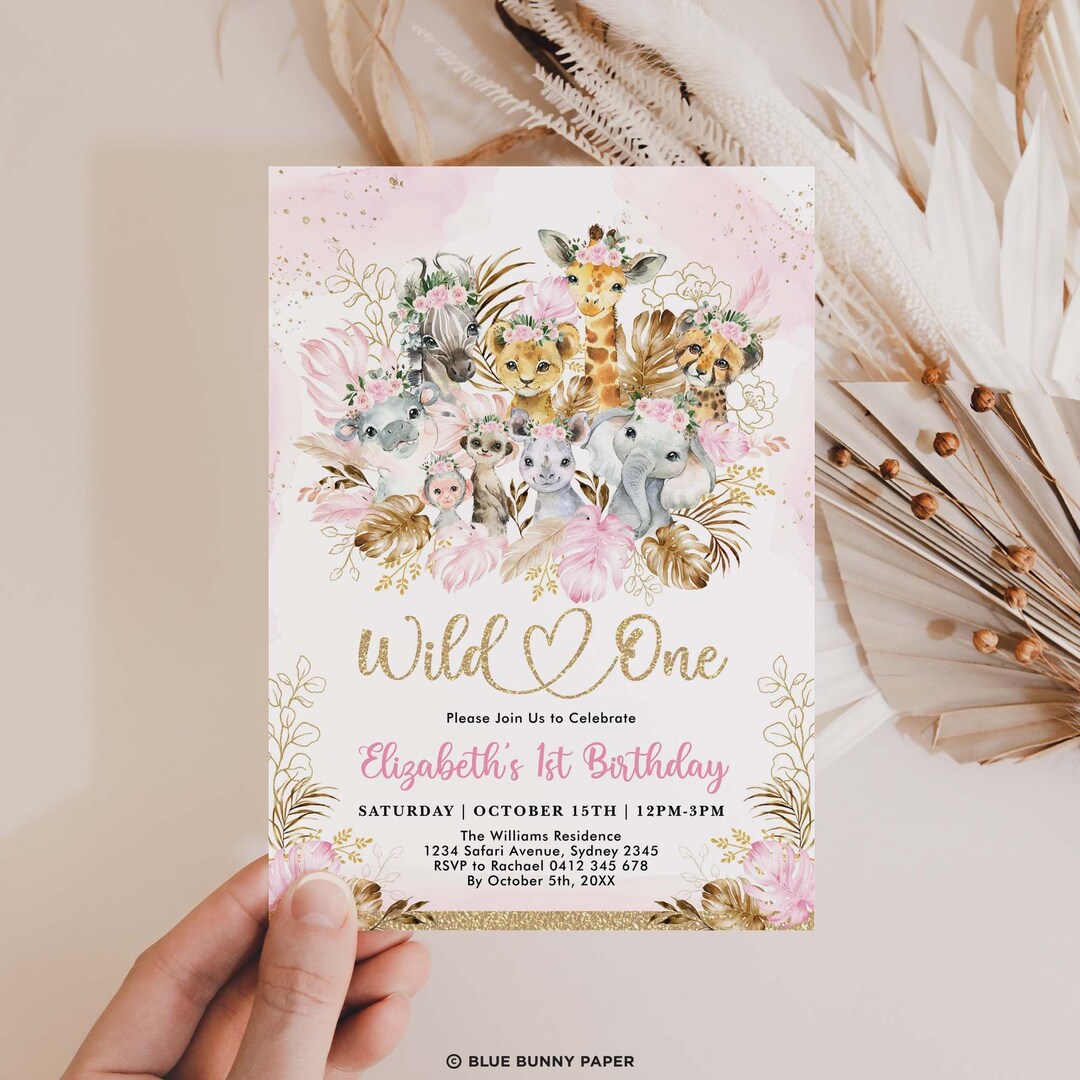 Girl Wild One Birthday Invitation, Boho Safari Animals Party Invite ...