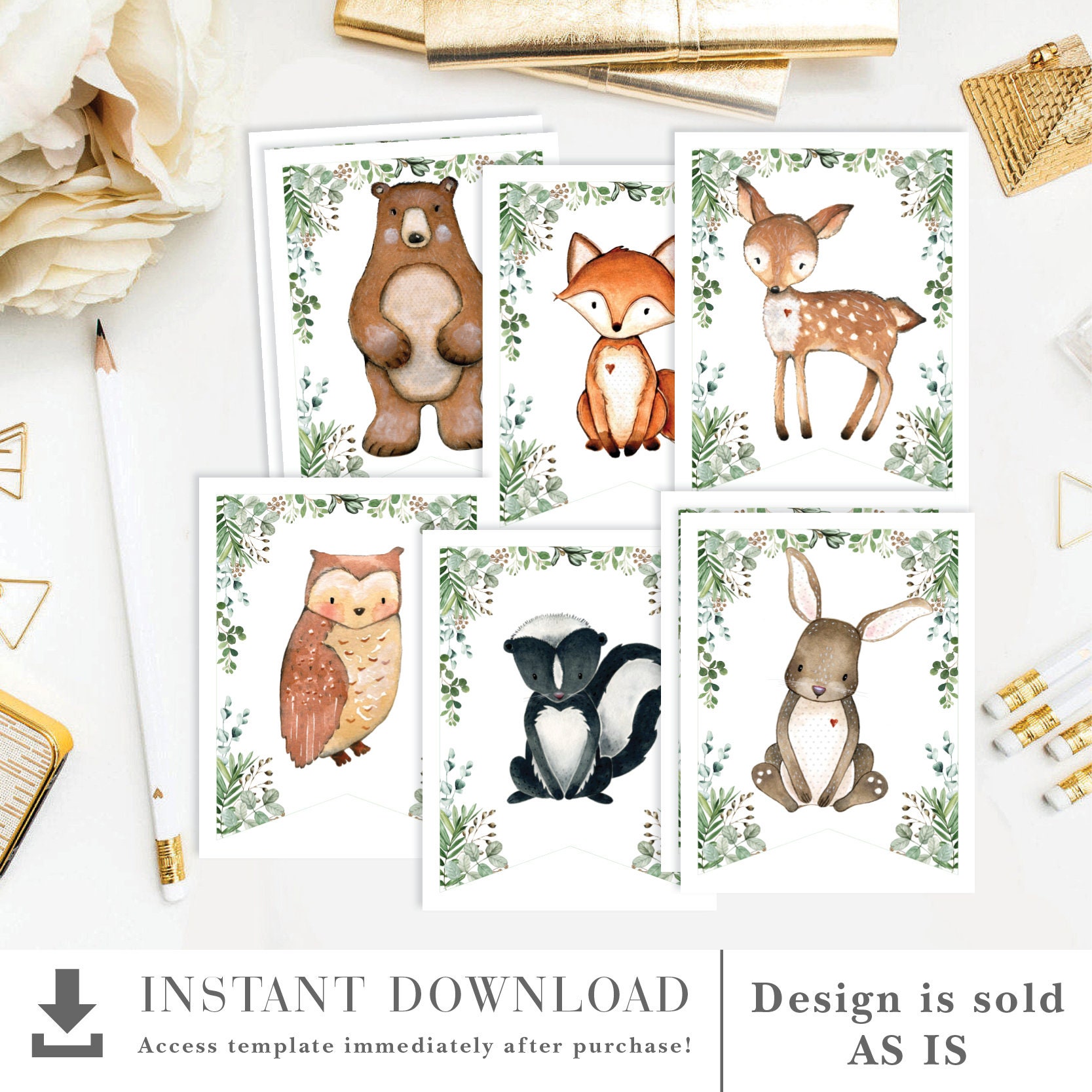 Greenery Woodland Animals Printable Banner. Botanical Forest 1st ...