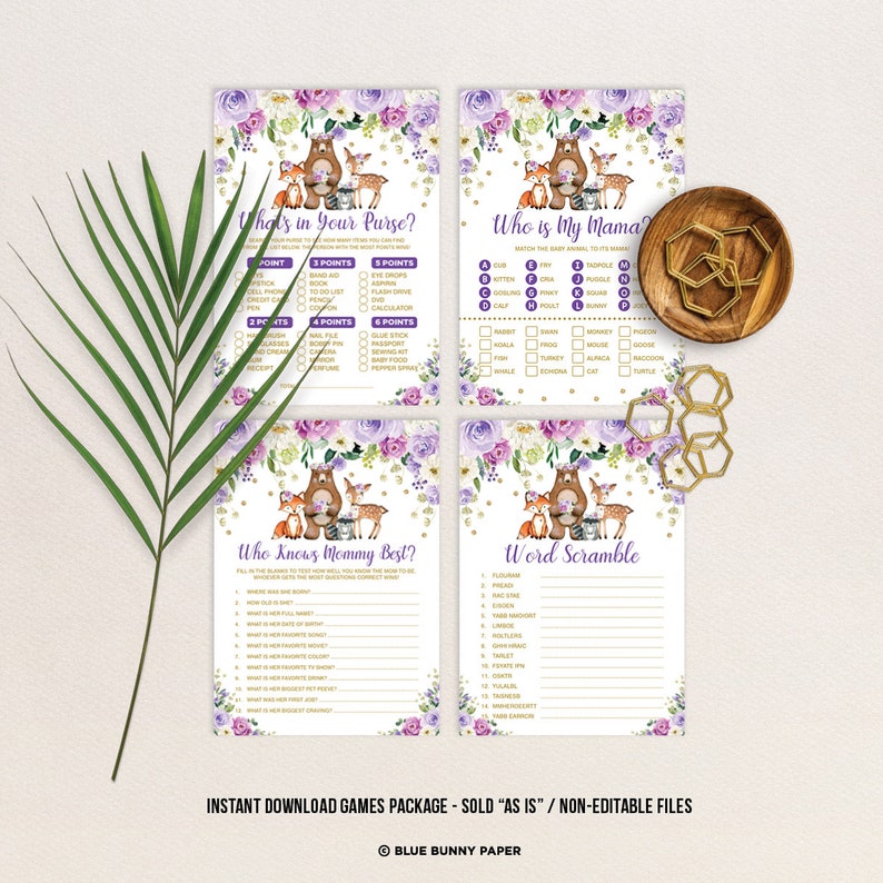 Woodland Baby Shower GAMES BUNDLE. 8x Purple Floral Forest | Etsy