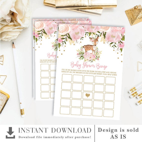 Bingo Deer Baby Shower Game. Woodland Baby Girl Printable Game. Blush ...