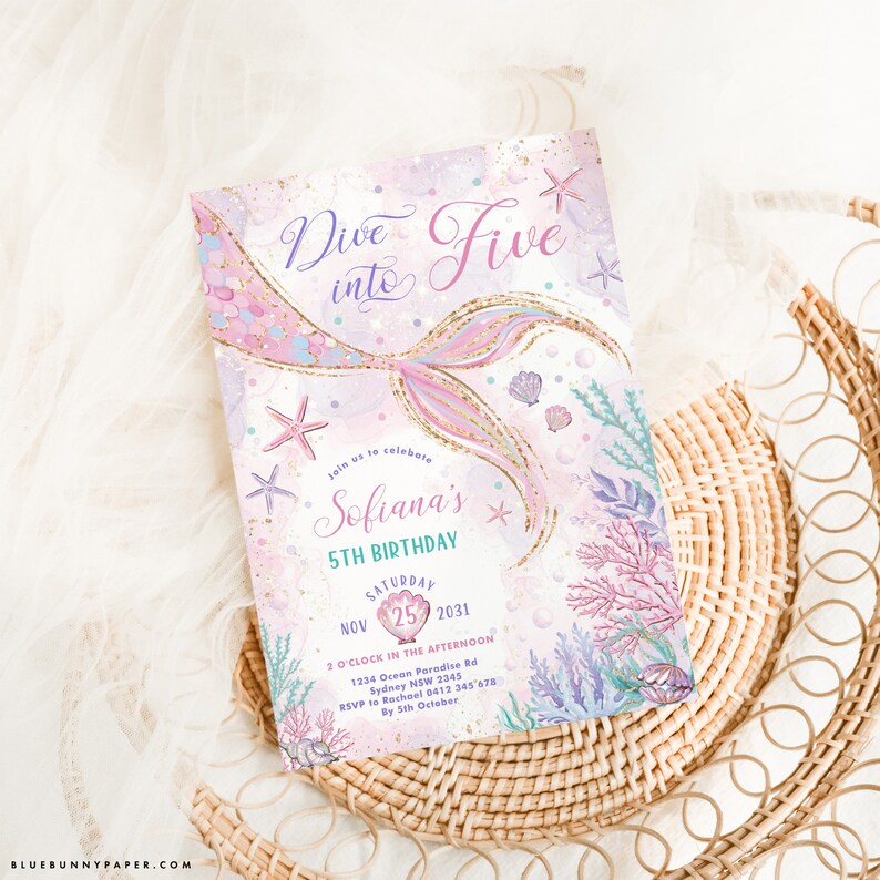 Editable Dive Into Five Mermaid 5th Birthday Invitation Pink Purple ...