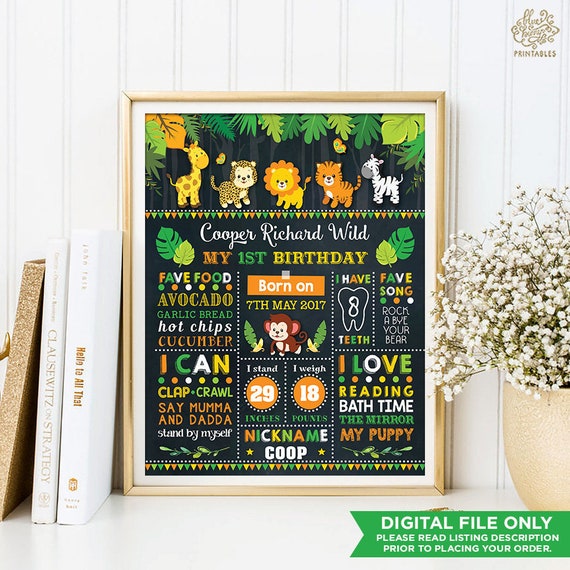 Jungle Birthday Chalkboard Poster. Safari First 1st Birthday Sign ...