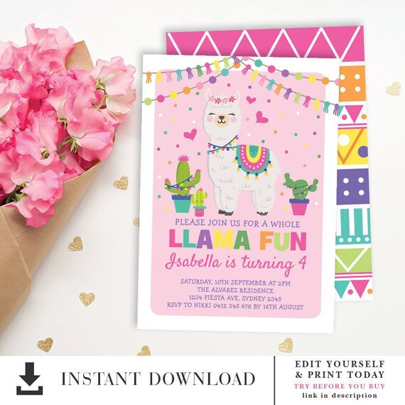EDITABLE Pink Llama Birthday Invitation. Fiesta Llama Party Printable ...