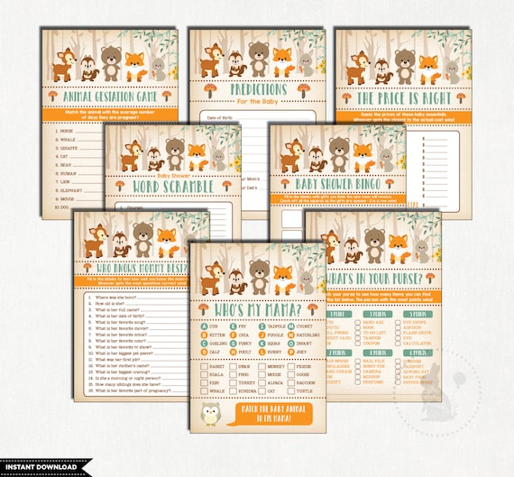 Woodland Baby Shower GAMES PACKAGE. 8x Rustic Forest Animals Printable ...